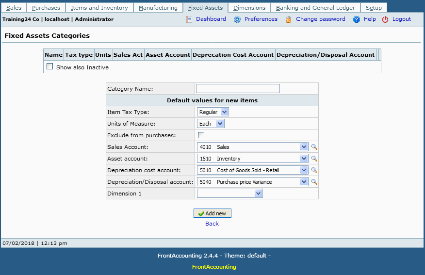 FrontAccounting Wiki Help Fixed Asset Category FrontAccounting Wiki Help Fixed Asset Category